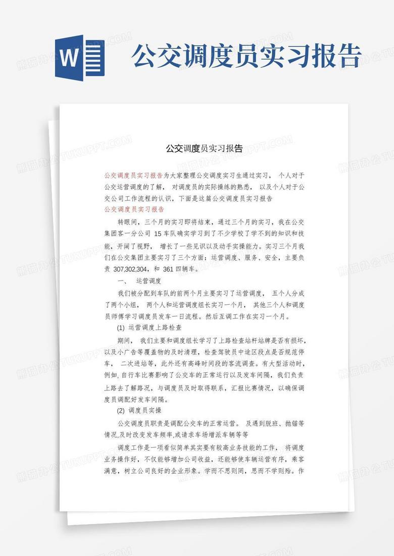 公交调度员实习报告Word模板下载 编号lgpykjmv 熊猫办公