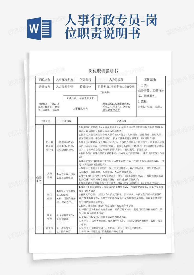 人事行政专员 岗位职责说明书Word模板下载 编号lxdgagwx 熊猫办公