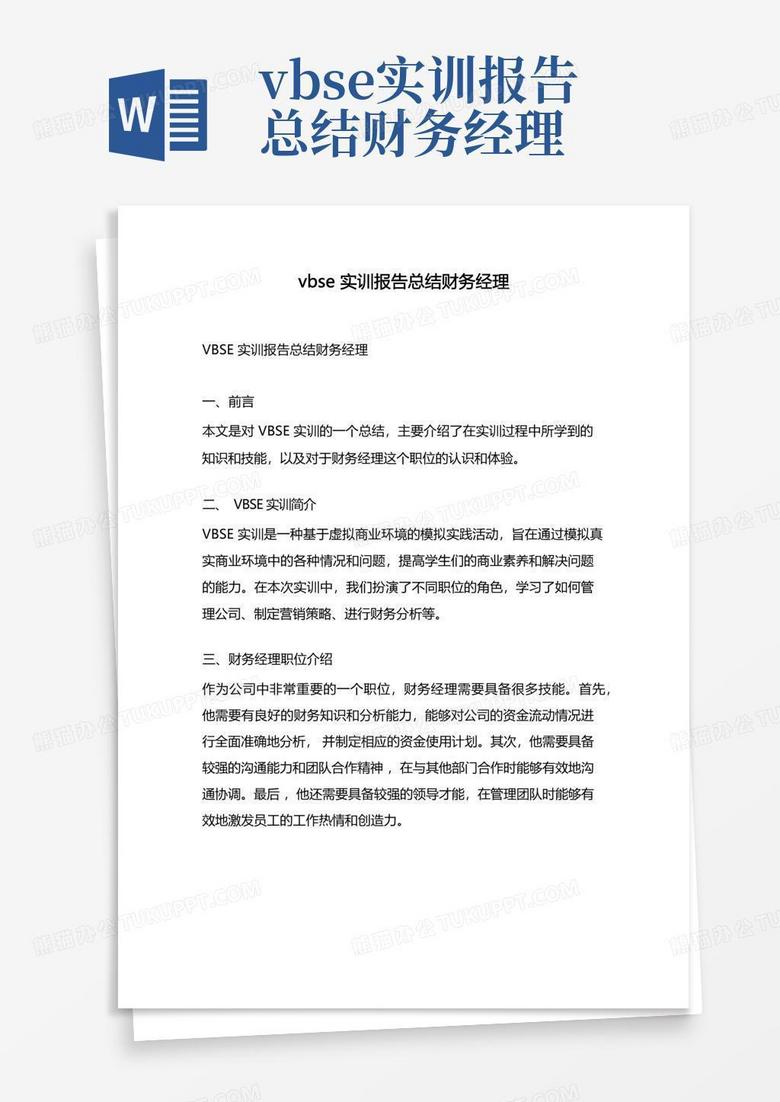 vbse实训报告总结财务经理Word模板下载 编号qkpmegjz 熊猫办公