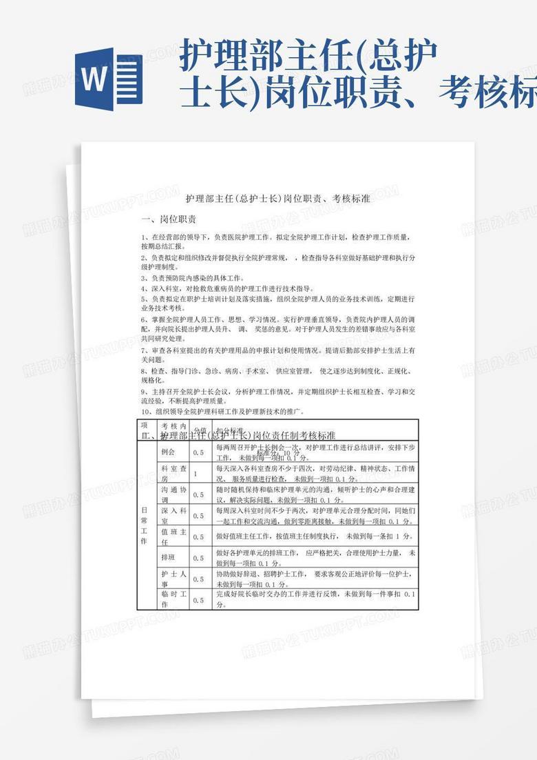 护理部主任 总护士长 岗位职责考核标准Word模板下载 编号lvbrdezd 熊猫办公