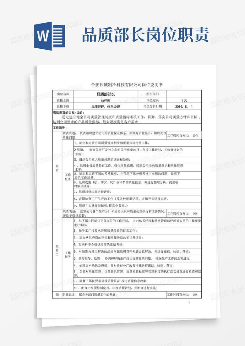 品质部部长岗位说明书 修订 Word模板下载 编号qgpvwzwd 熊猫办公