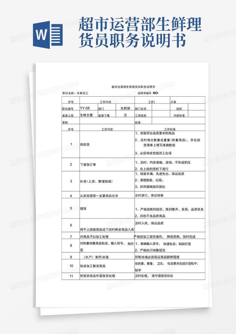 超市运营部生鲜理货员职务说明书Word模板下载 编号lmyjybjy 熊猫办公