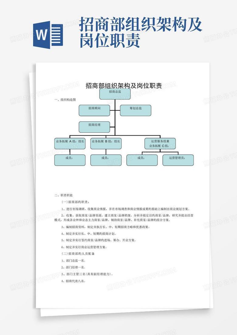 招商部组织架构及岗位职责Word模板下载 编号lmyjaygm 熊猫办公