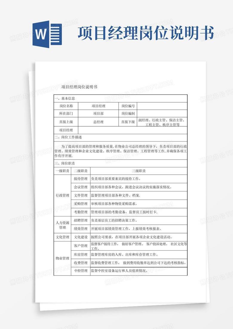 项目经理岗位说明书Word模板下载 编号lvbrexan 熊猫办公