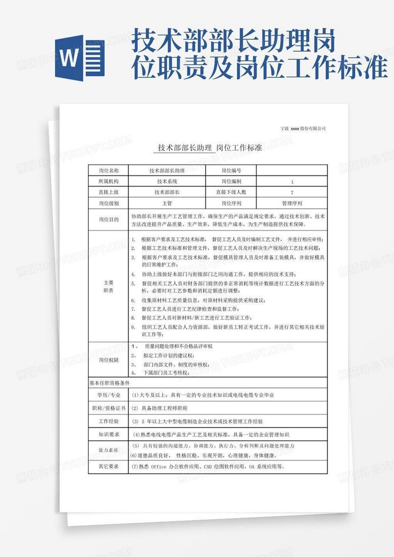 技术部部长助理岗位职责及岗位工作标准Word模板下载 编号lmyjvvkd 熊猫办公