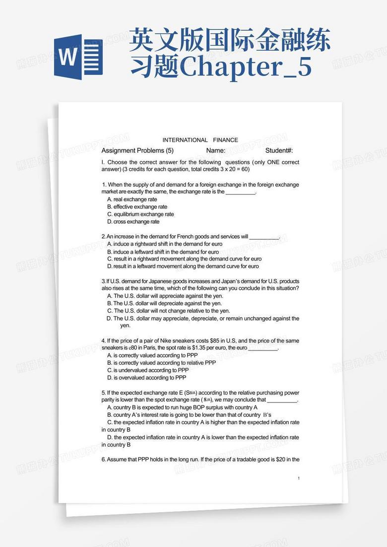 英文版国际金融练习题chapter 5Word模板下载 编号qaxmyrvj 熊猫办公