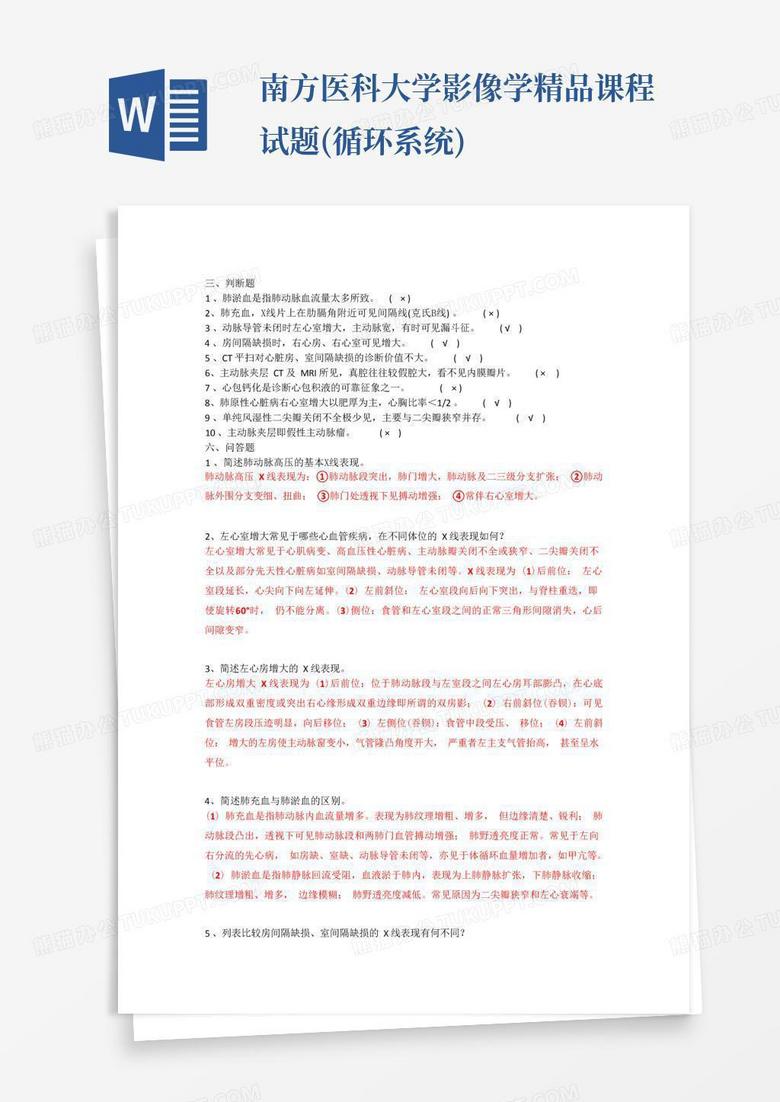 南方医科大学影像学精品课程试题 循环系统 Word模板下载 编号lzndydwr 熊猫办公
