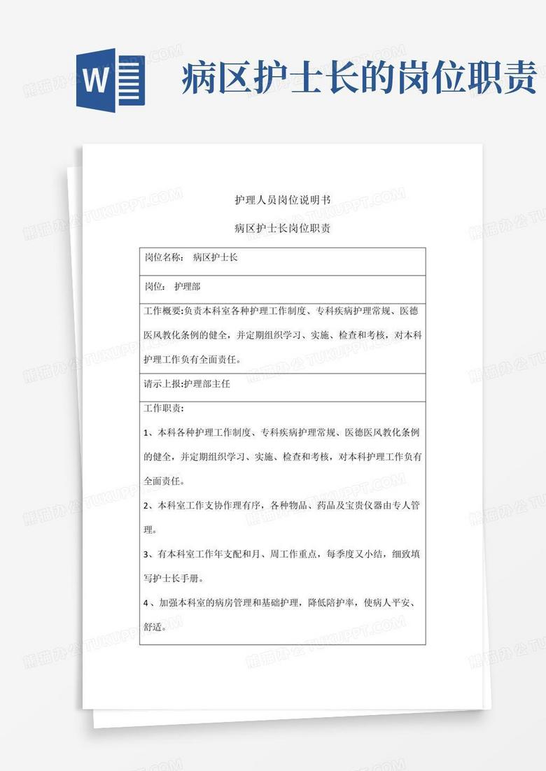 护理人员岗位说明书病区护士长岗位职责1Word模板下载 编号qbxdpogo 熊猫办公