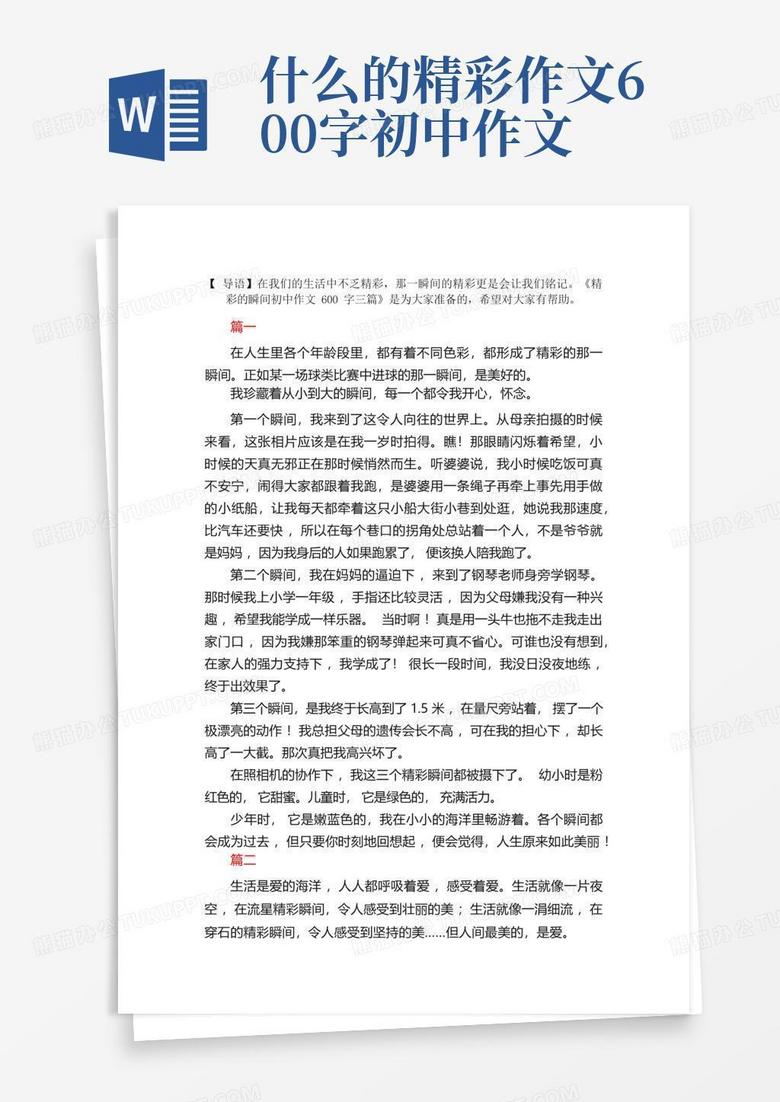 精彩的瞬间初中作文600字三篇Word模板下载 编号qxdjxrwo 熊猫办公