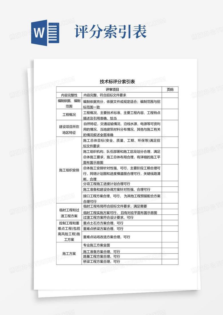 技术标评分索引表Word模板下载 编号lpbxwozm 熊猫办公