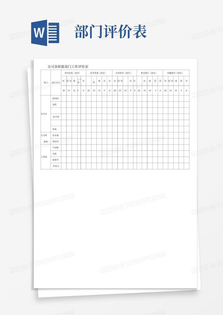 公司各职能部门工作评价表Word模板下载 编号labxzogm 熊猫办公