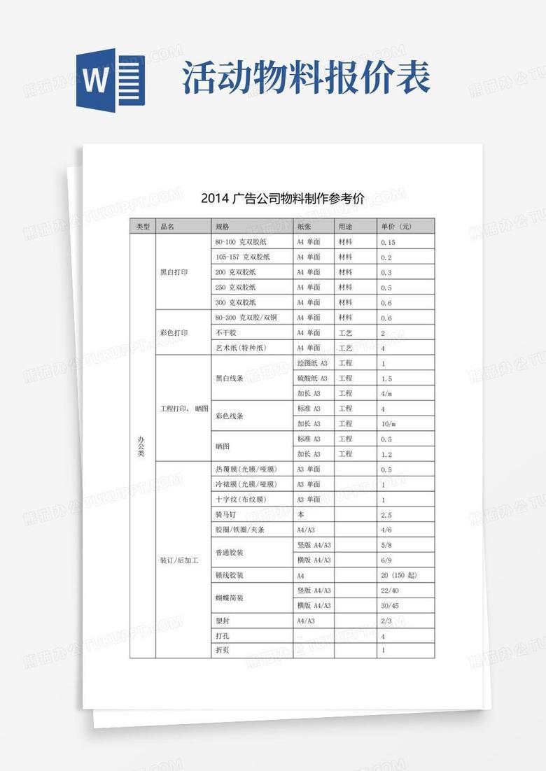 2014广告公司物料制作价格表Word模板下载 编号qkwpnbyx 熊猫办公