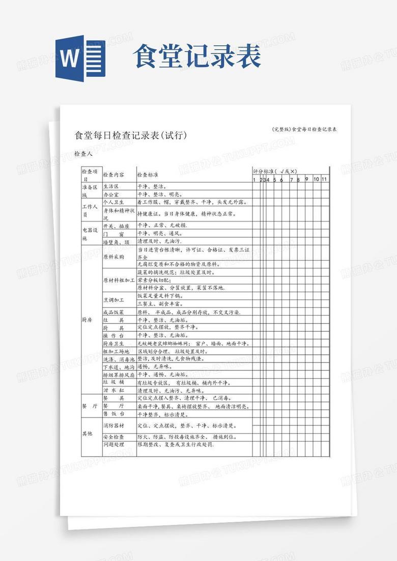 完整版 食堂每日检查记录表Word模板下载 编号qngrobyz 熊猫办公