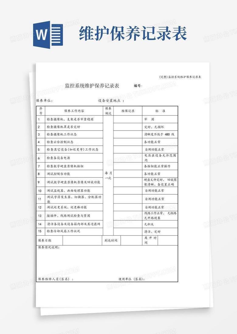 完整 监控系统维护保养记录表Word模板下载 编号lkwpnoem 熊猫办公