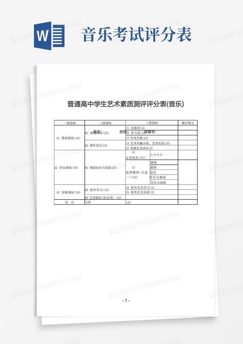 普通高中学生艺术素质测评评分表 音乐 Word模板下载 编号qzknkzwv 熊猫办公