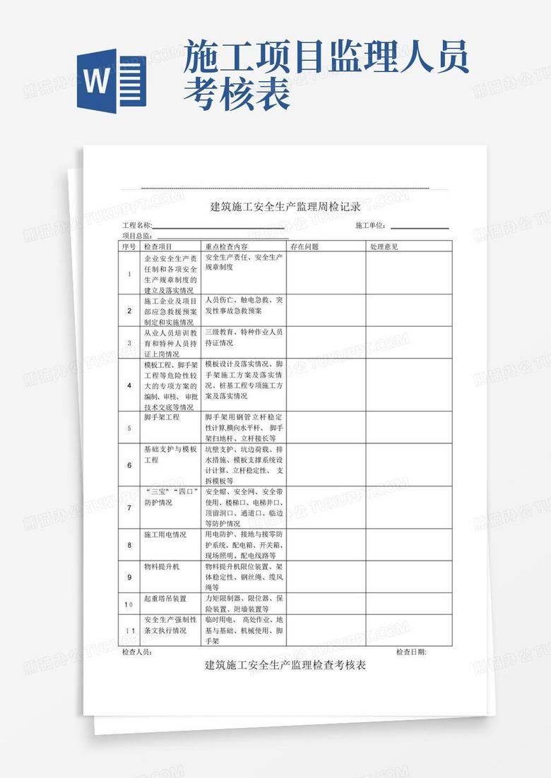 建筑工地施工安全生产监理周检记录及检查考核表Word模板下载 编号qjymyjya 熊猫办公