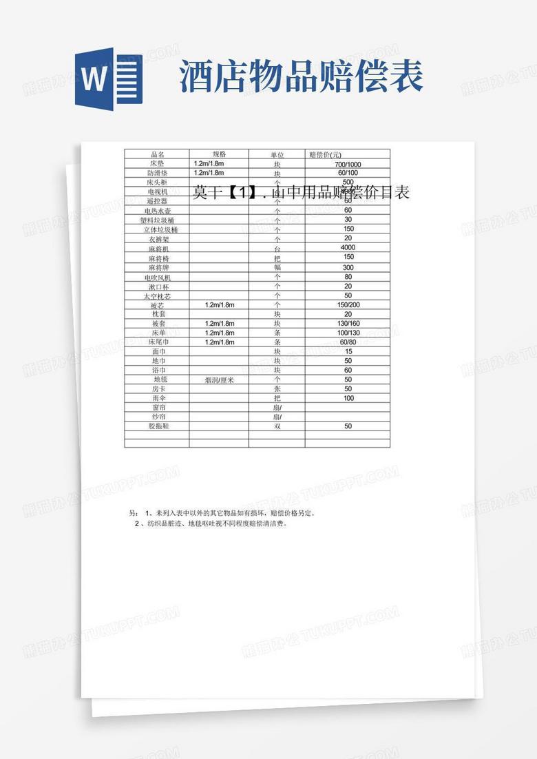 酒店物品赔偿价目表Word模板下载 编号lwmkmnvz 熊猫办公