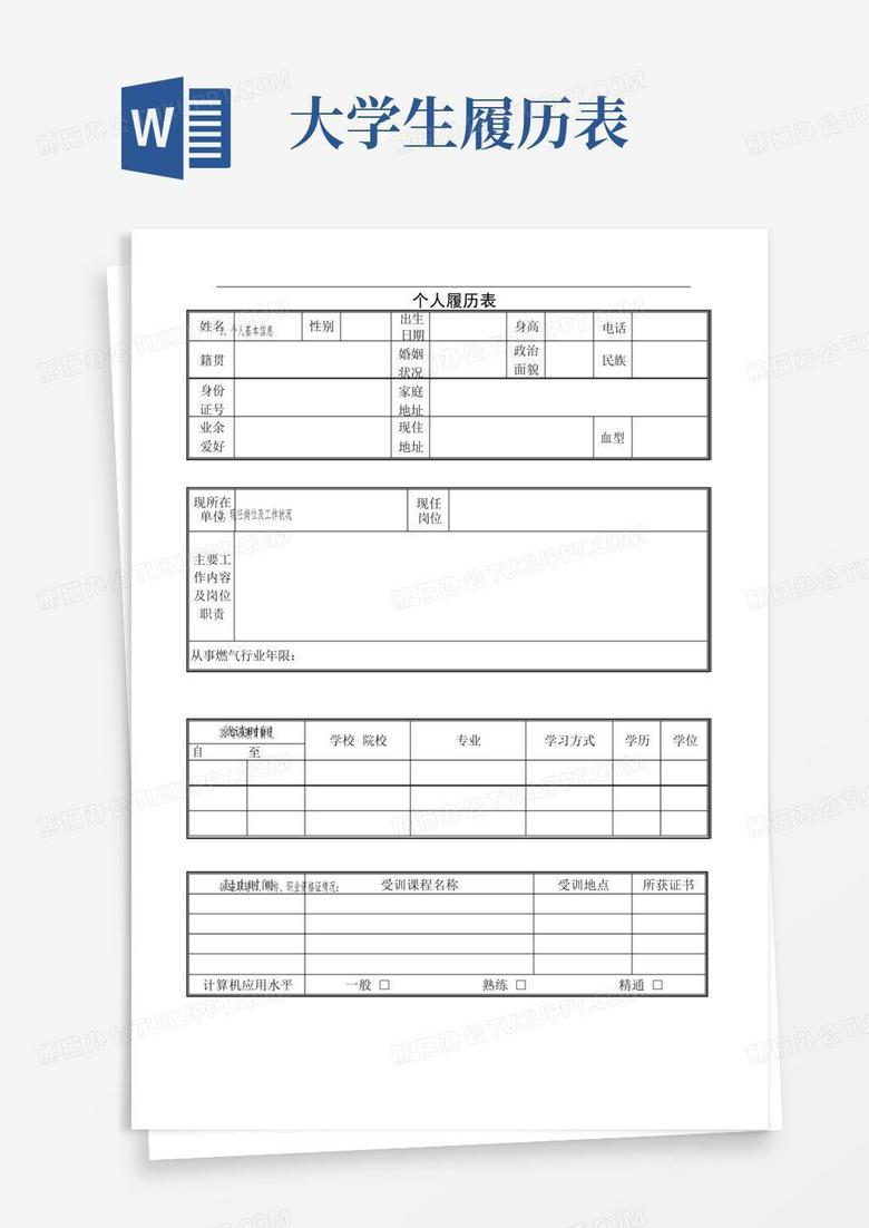 大学生个人履历表Word模板下载 编号lpbxvdvz 熊猫办公