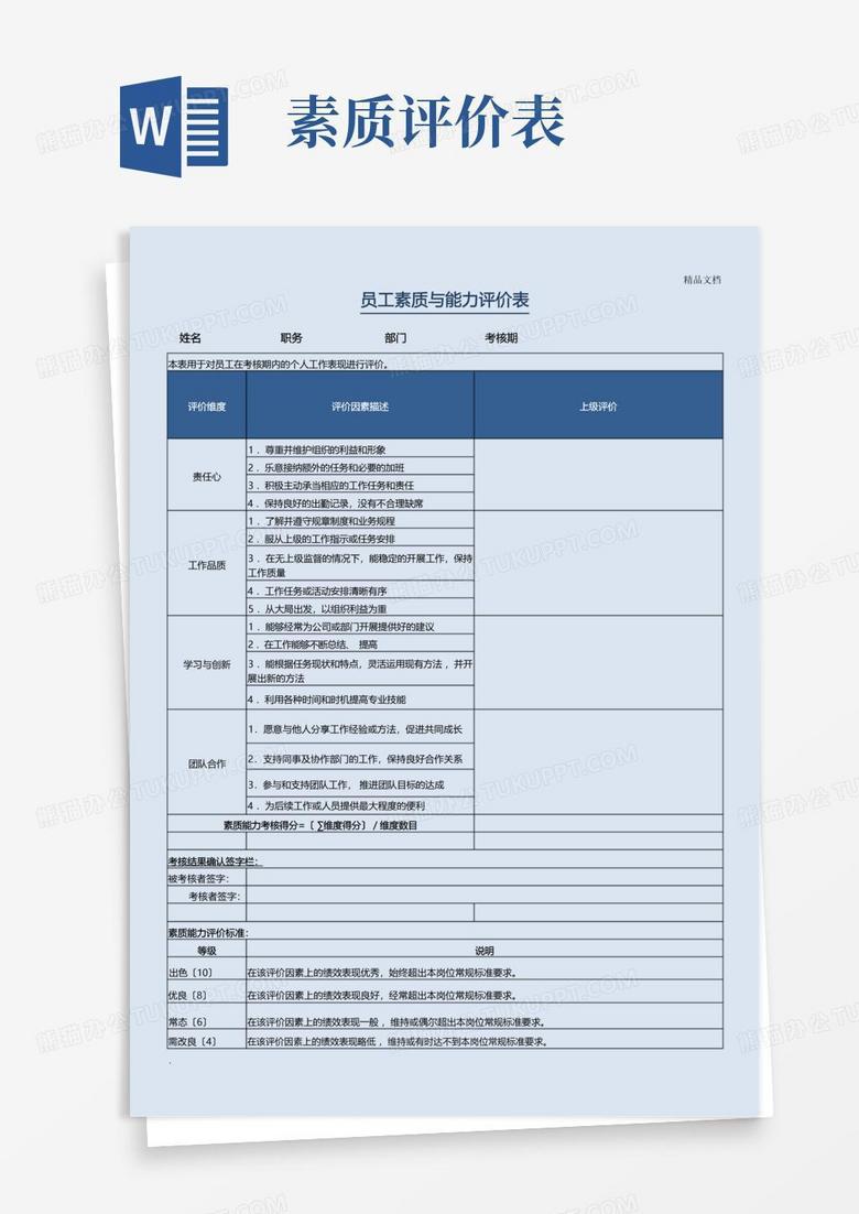 员工素质能力评价表Word模板下载 编号qokpznom 熊猫办公