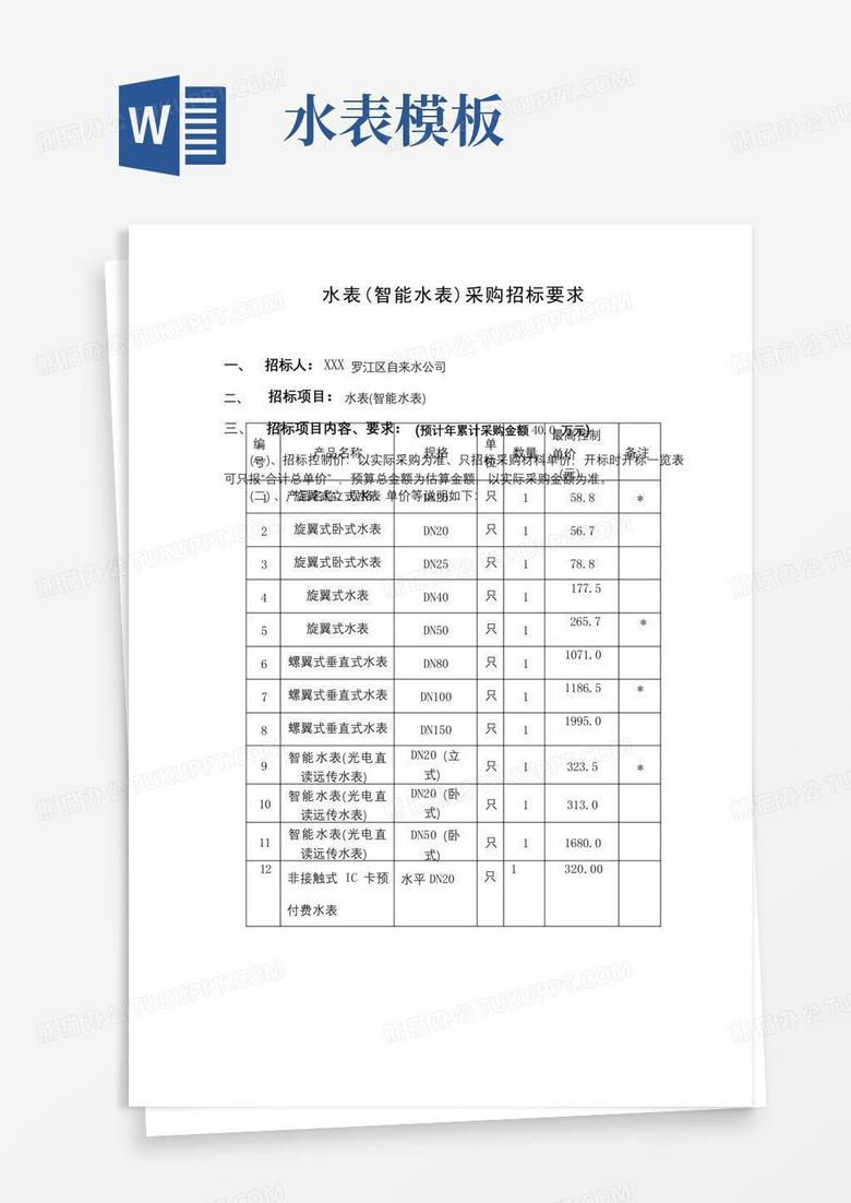 水表 智能水表 采购招标要求Word模板下载 编号qepvbvxz 熊猫办公