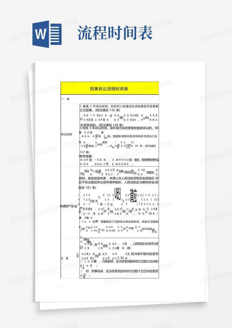 民事诉讼流程时间表Word模板下载 编号ljyvxgmk 熊猫办公