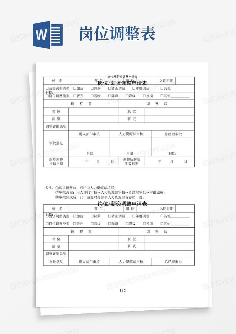 岗位及薪资调整申请表Word模板下载 编号lpbrkonx 熊猫办公