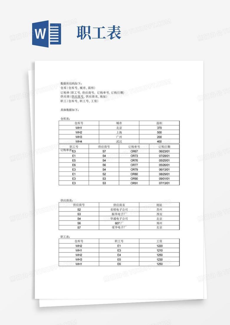 数据库sql查询仓库 习题Word模板下载 编号qmavykmn 熊猫办公