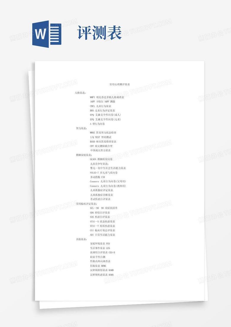 常用心理测评量表Word模板下载 编号labegzxv 熊猫办公