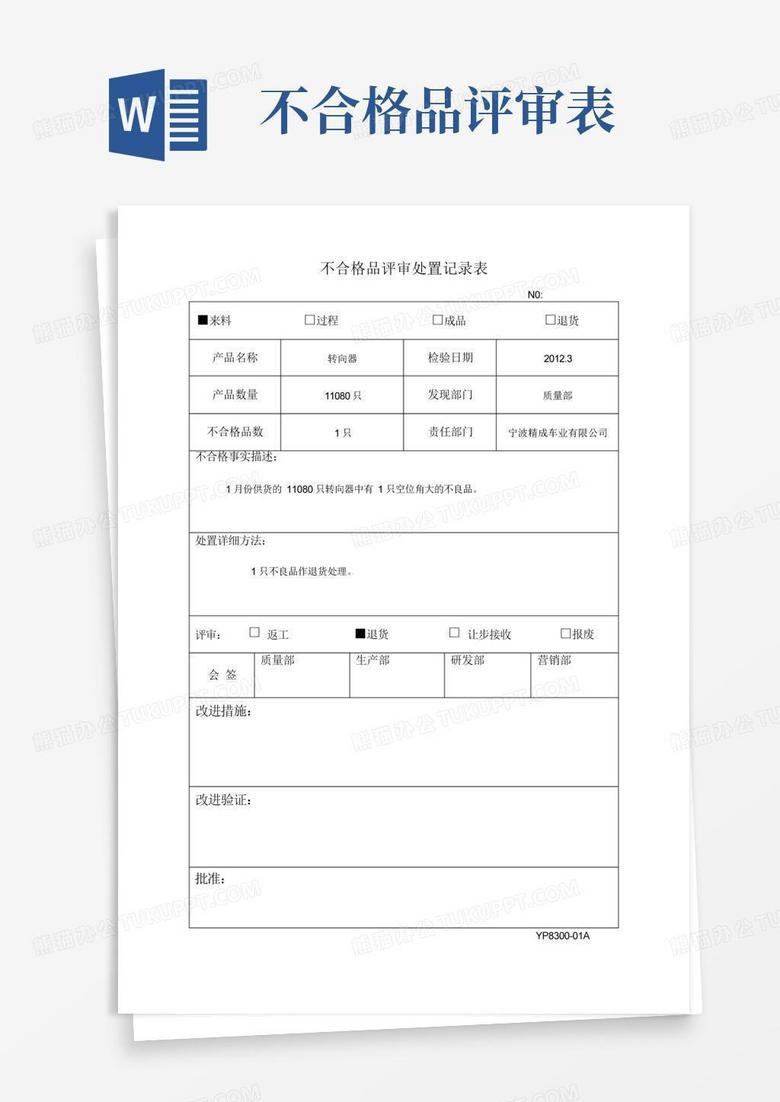 供方不合格品评审处置记录表 Word模板下载 编号lbgavkbg 熊猫办公