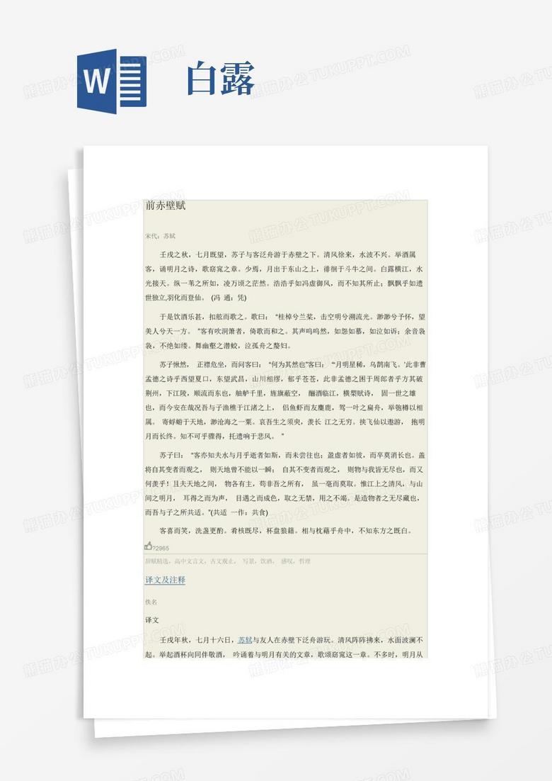 前赤壁赋原文及赏析翻译Word模板下载 编号lepnodmp 熊猫办公