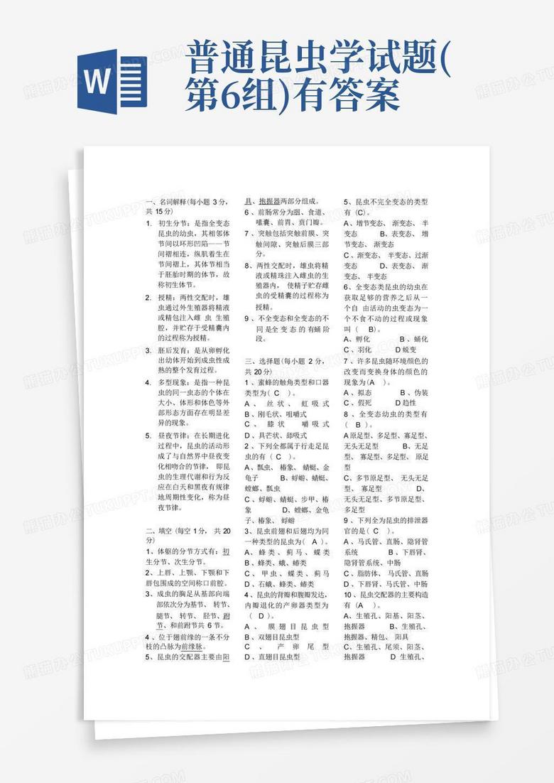普通昆虫学试题 第6组 有答案Word模板下载 编号lngzpjep 熊猫办公