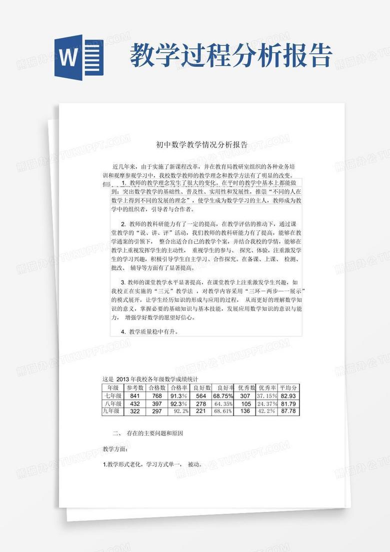 初中数学教学情况分析报告Word模板下载 编号qpbpyvaz 熊猫办公