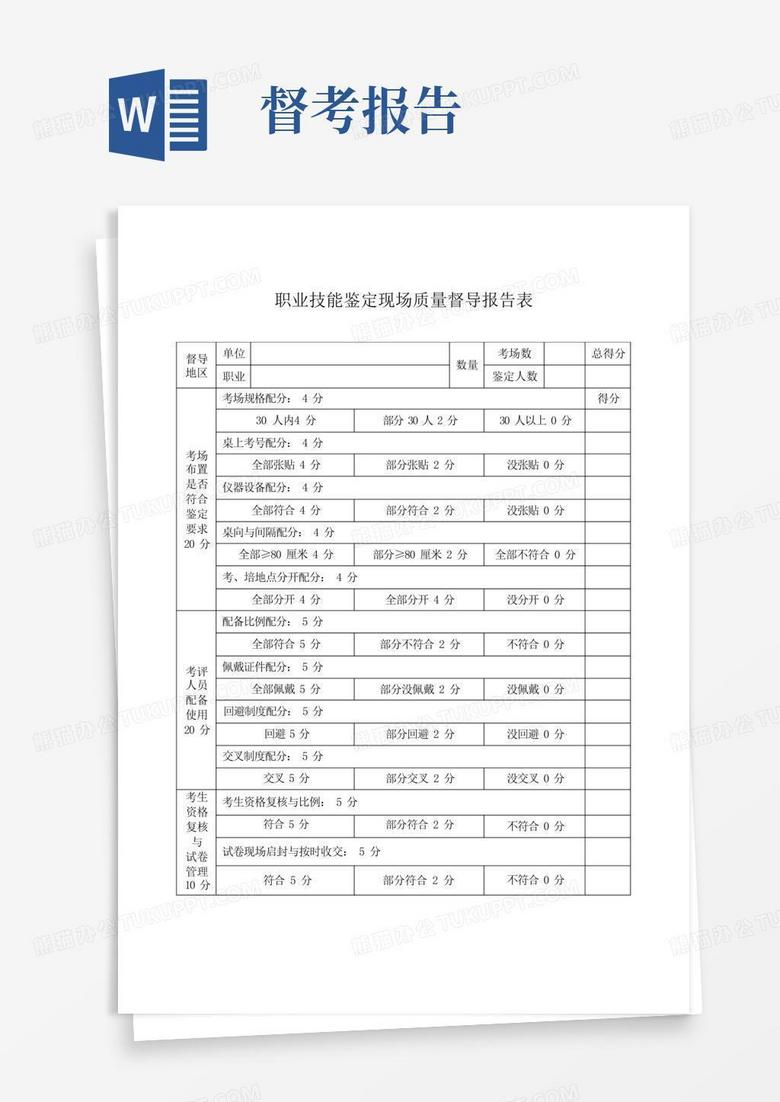 新疆职业技能鉴定现场质量督导报告表Word模板下载 编号qwmnnmnm 熊猫办公