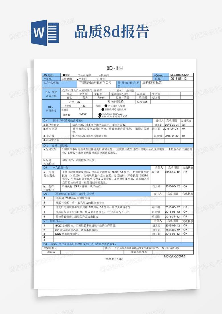 正宗8d报告范文Word模板下载 编号qmamvkgp 熊猫办公