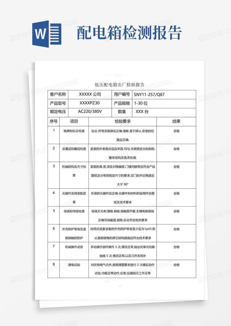 配电箱检验报告Word模板下载 编号labzezvv 熊猫办公