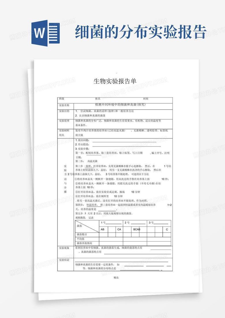 检测不同环境中的细菌和真菌实验报告单Word模板下载 编号qbgpyzoy 熊猫办公