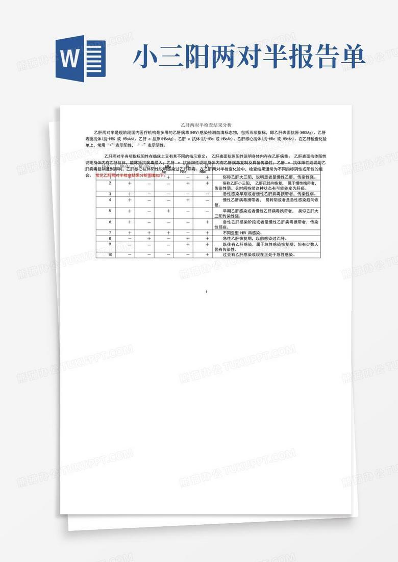 乙肝两对半检查结果分析和对照参考表Word模板下载 编号qzkmdzov 熊猫办公
