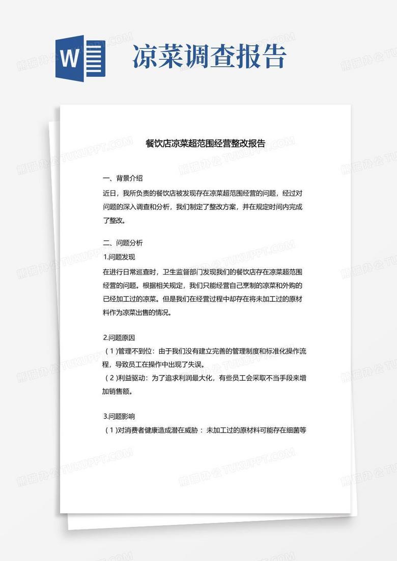 餐饮店凉菜超范围经营整改报告Word模板下载 编号lbgzynrn 熊猫办公