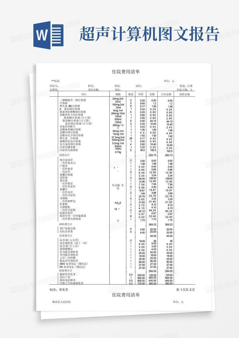 住院费用清单Word模板下载 编号lzkmzoxm 熊猫办公