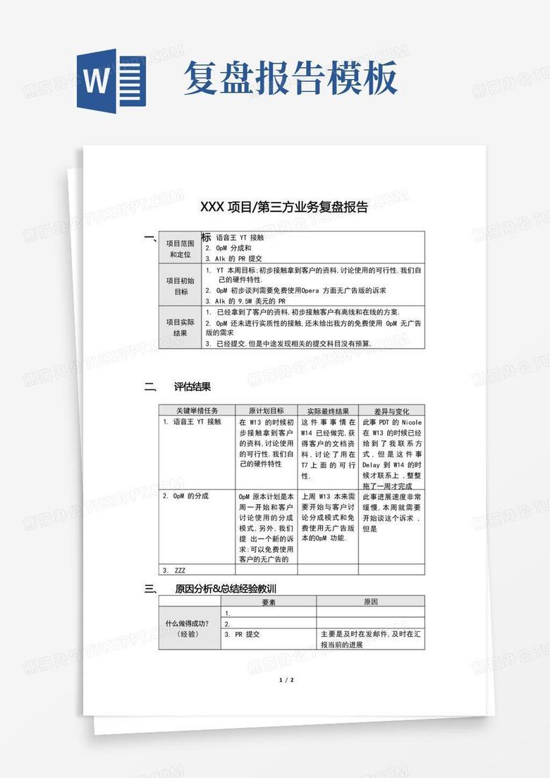 复盘报告模版Word模板下载 编号lxovzaya 熊猫办公