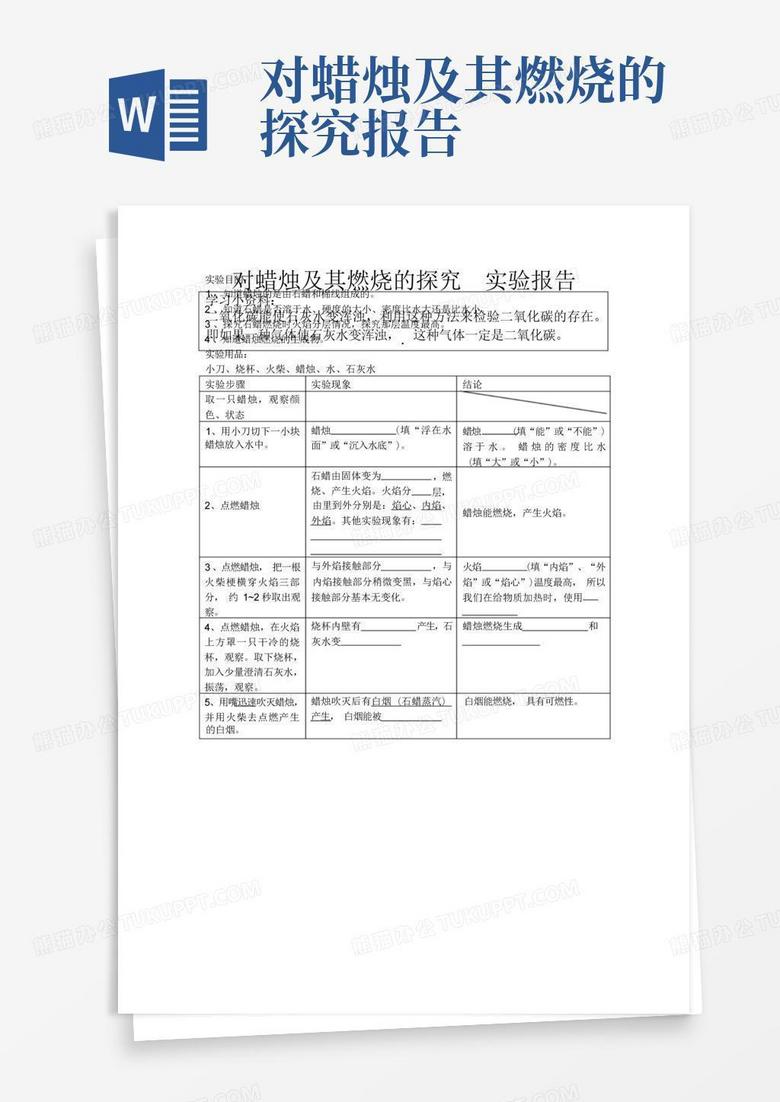 对蜡烛及其燃烧的探究实验报告Word模板下载 编号qzkjzbno 熊猫办公