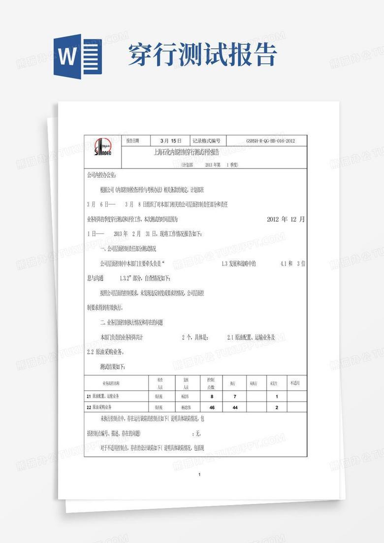内部控制穿行测试评价报告 计划部 Word模板下载 编号lyapjvvw 熊猫办公