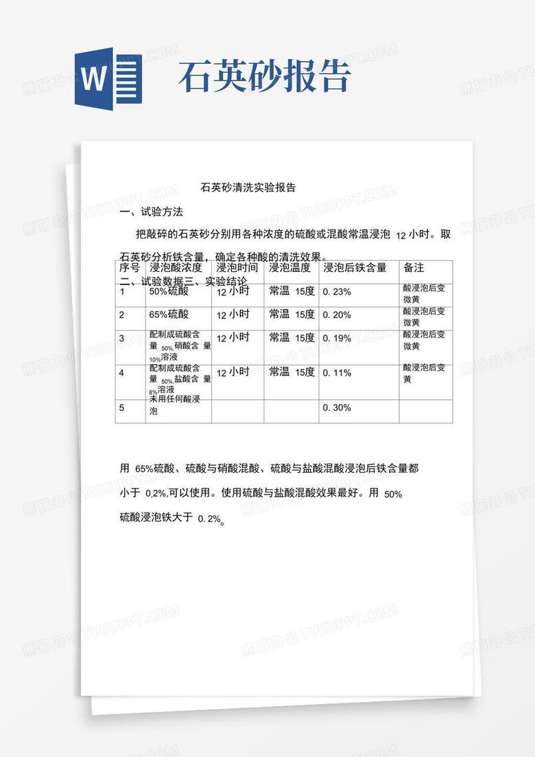 石英砂清洗实验报告Word模板下载 编号qepkzydb 熊猫办公