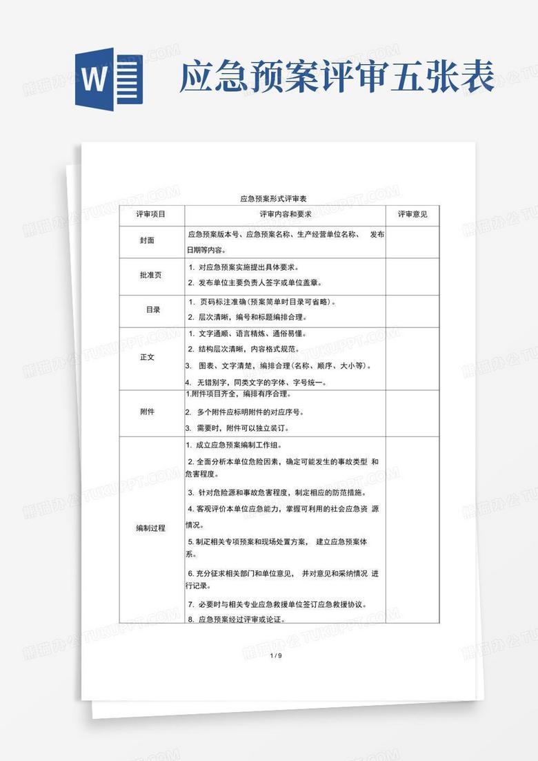 应急预案评审五张表Word模板下载 编号qyajaejb 熊猫办公