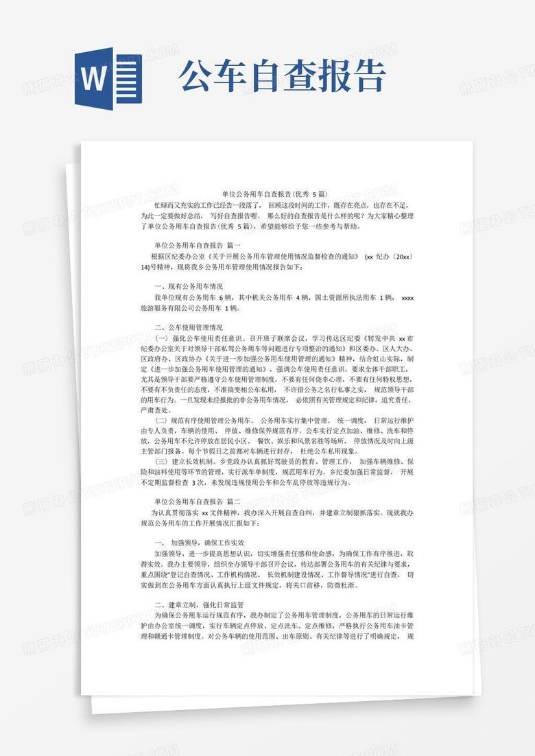 单位公务用车自查报告 优秀5篇 Word模板下载 编号lgryrvzx 熊猫办公