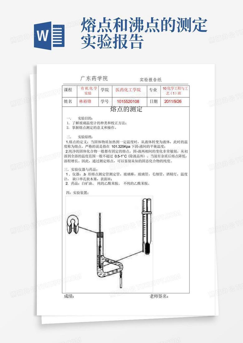 熔点的测定实验报告Word模板下载 编号qvngbrex 熊猫办公