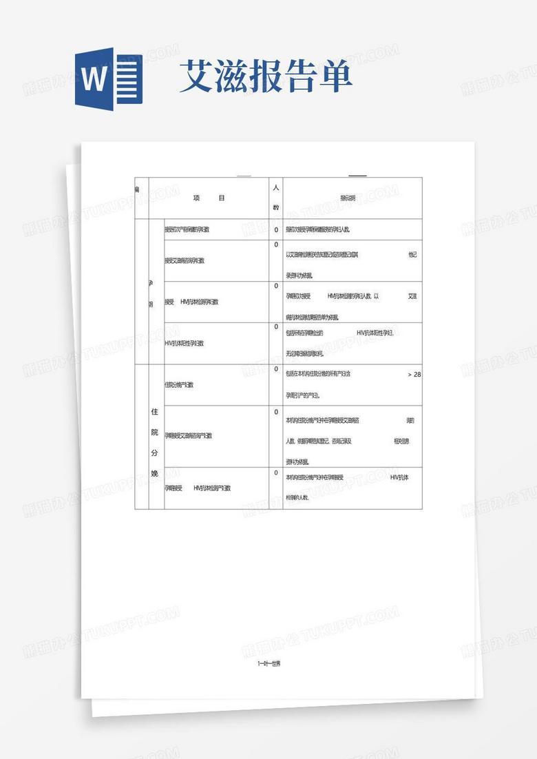 艾滋病报表Word模板下载 编号lyawnado 熊猫办公