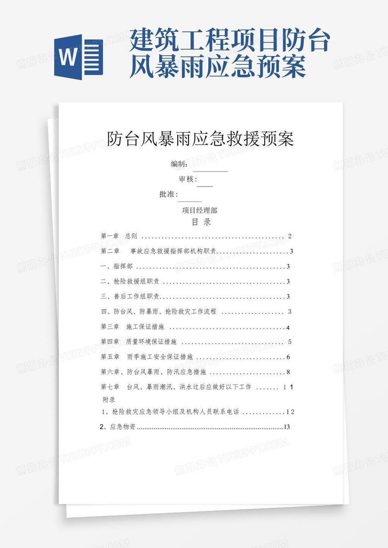 建筑工程项目防台风暴雨应急预案Word模板下载 编号loajxjmm 熊猫办公