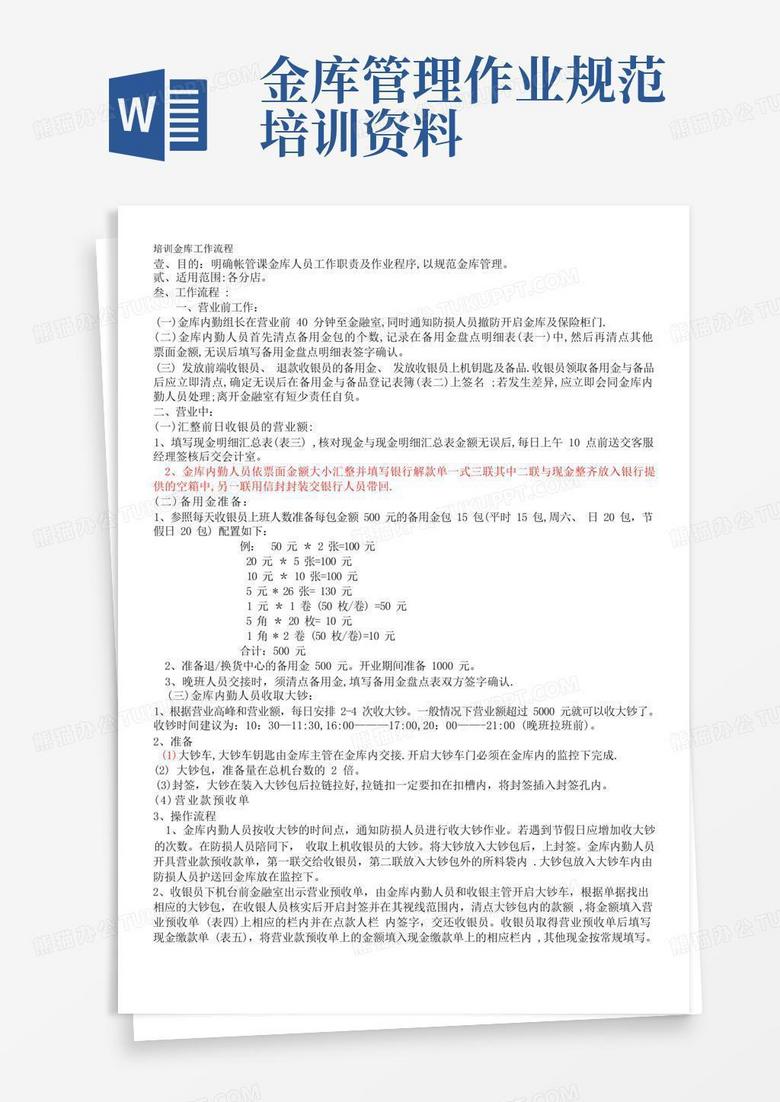 金库管理作业规范培训资料Word模板下载 编号qaedexmj 熊猫办公