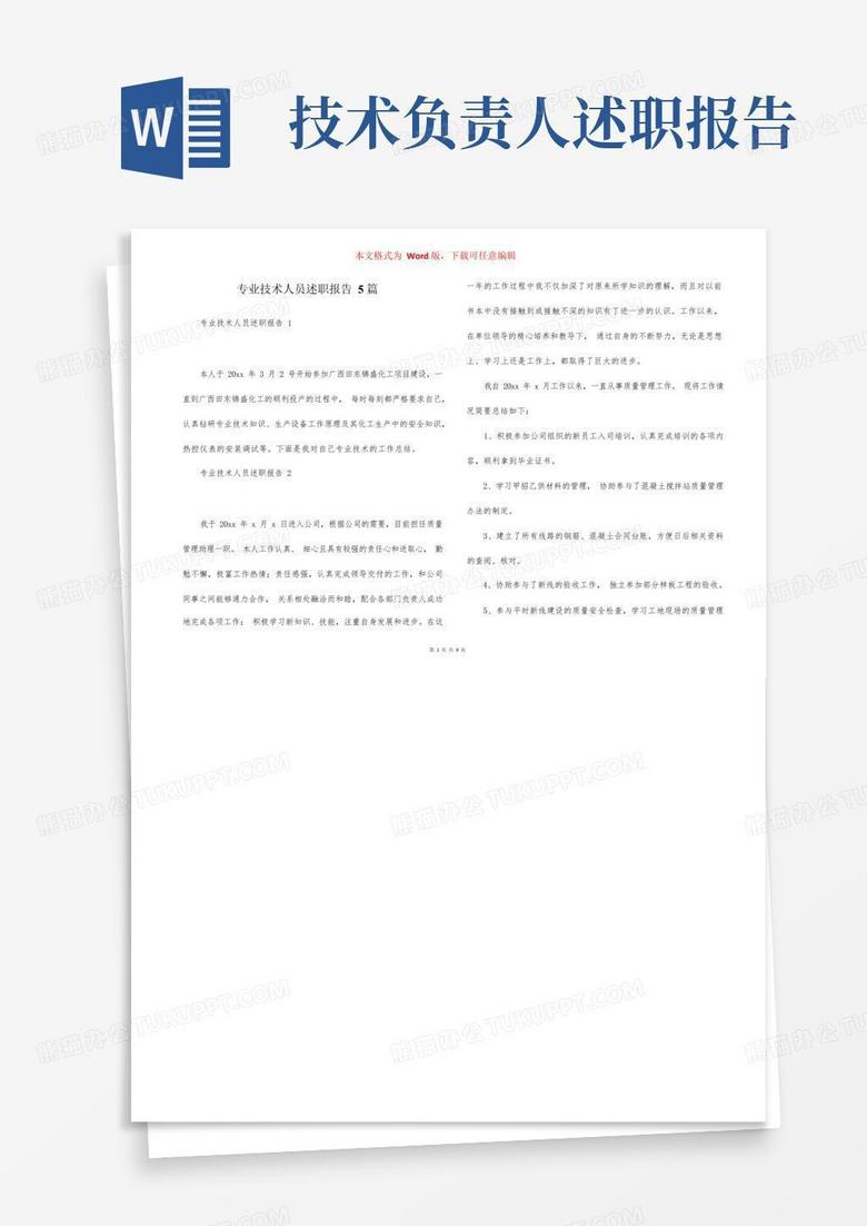 专业技术人员述职报告5篇Word模板下载 编号laeoawda 熊猫办公